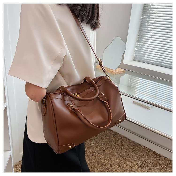 HANDAFA Boston Bag Zip Tote Handbag Vintage Shoulder Handbag With Adjustable Strap For Women(Brown)