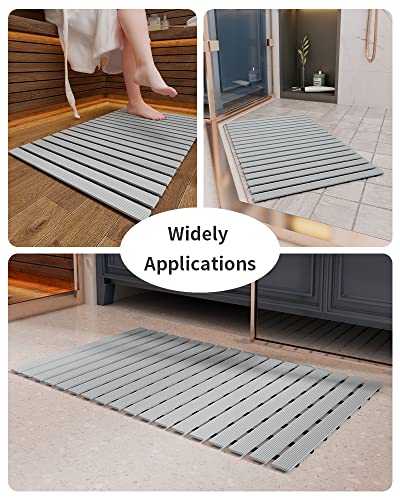 Shower-Mat Non Slip, PADOOR Heavy Duty Bathtub-Mat Curlable Quick Drain Sturdy Bath Tub Mat Without Suction Cups for Indoor Outdoor Use 17x26 Inch Grey