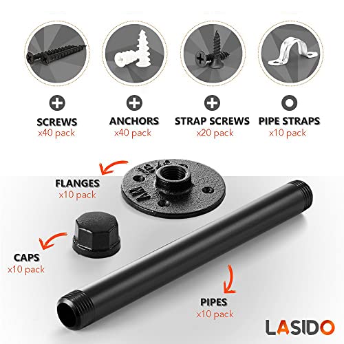 Pipe Shelf Bracket 12 Inch (6 pcs Black Steel) β Pipe Bracket for Wood Floating Shelf Vintage Look β Industrial Pipe Shelves with All Accessories Needed (Shelf Not Included)