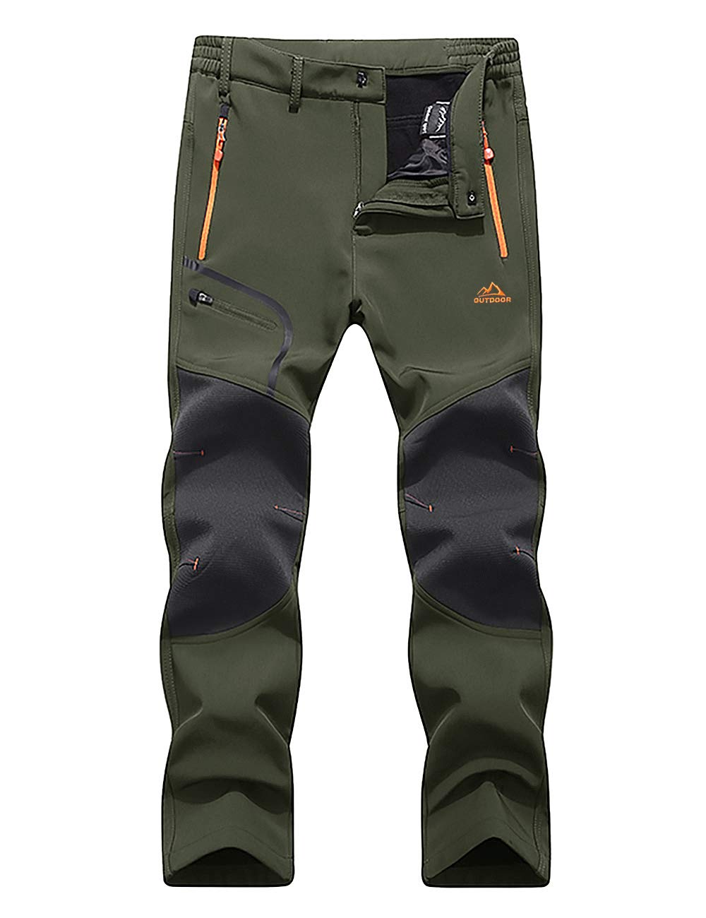EKLENTSON Mens Work Pants Zipper Pockets Winter Cargo Softshell Mountain Pants Army Green