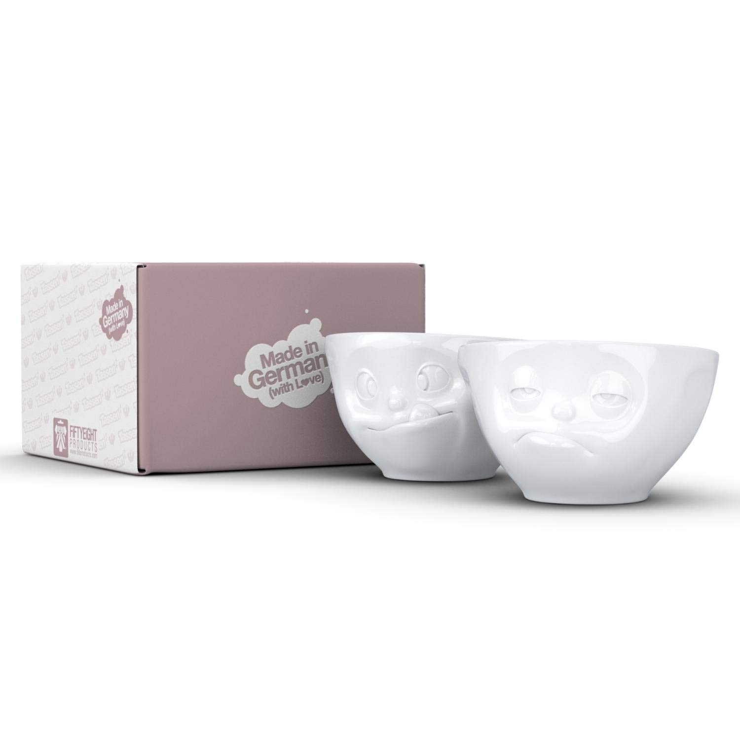 FIFTYEIGHT PRODUCTS TASSEN Medium Porcelain Bowl Set No. 3, Tasty & Snoozy Face, 6.5 oz. White (Set of 2 Bowls)