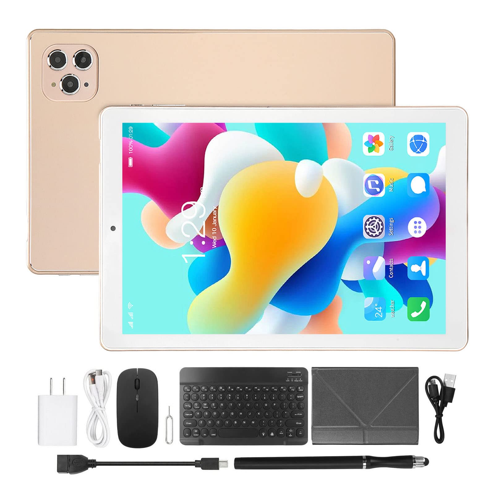 fannay Tablet PC, 10.1 Inch 2 in 1 Tablet High Sensitive Stylus 8 Core US Plug 100‑240V with Keyboard and Mouse for Study (Gold)