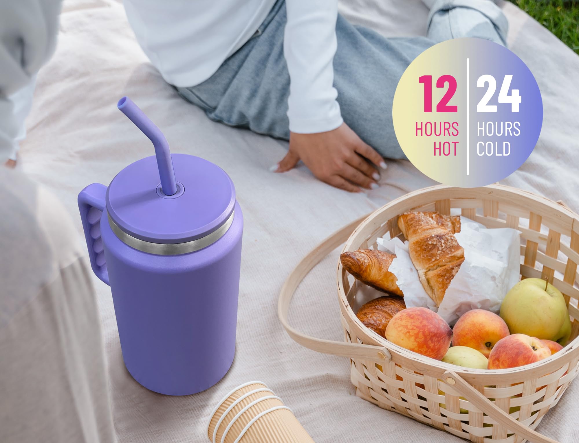 DLOCCOLD 50 oz Mug Tumbler with Handle and Straw Lid, Stainless Steel Insulated Large Travel Jug with Handle, Double Wall Reusable Water Bottle, White
