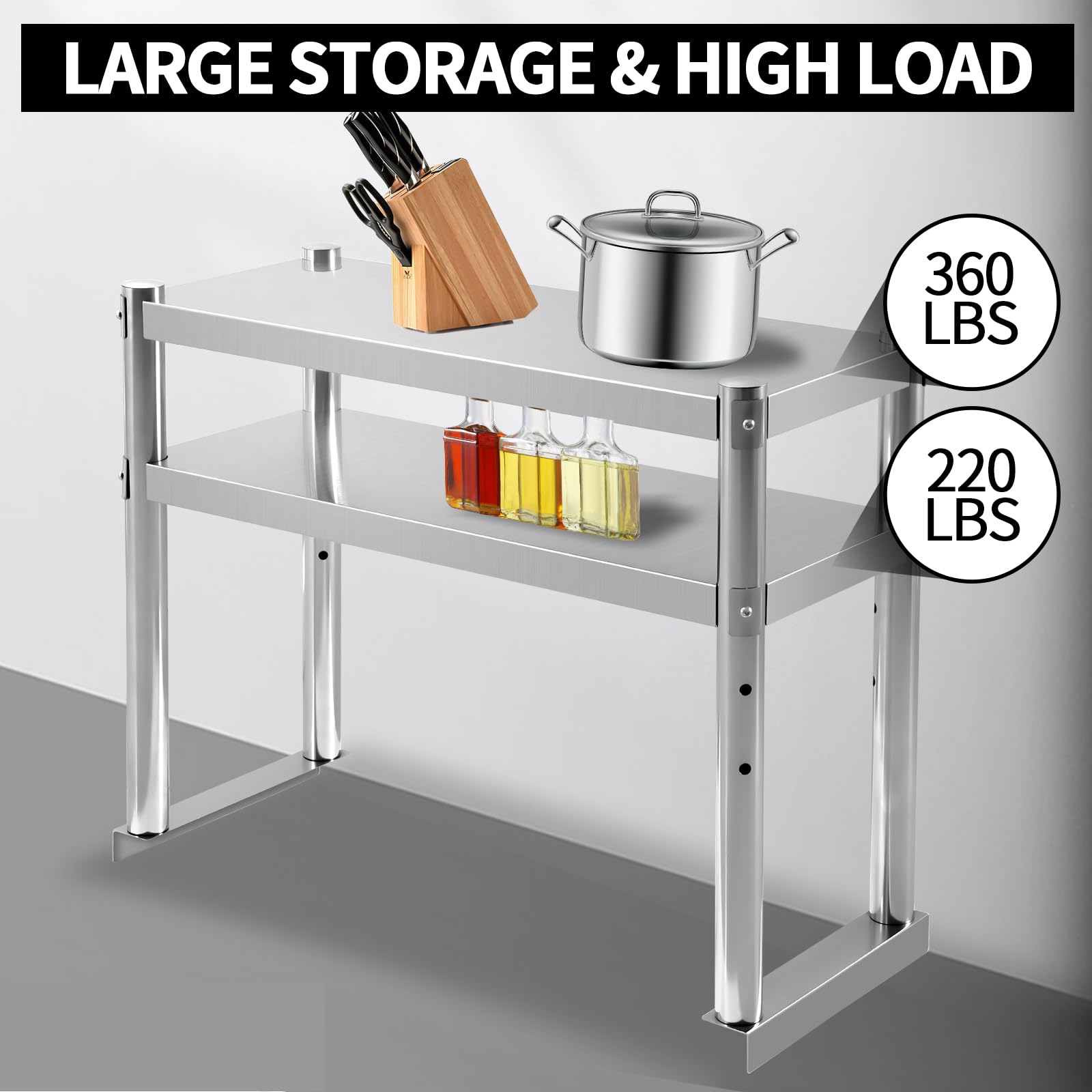 OUKIDR Stainless Steel Double Overshelf, Commercial Double Overshelf 2 Tier for Prep & Work Table in Kitchen, Restaurant & Home,12" X 36"