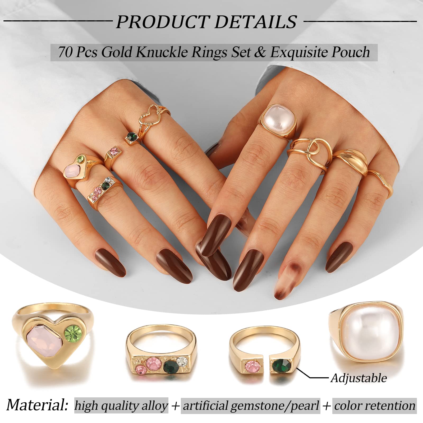 Dodder 70 Pcs Vintage Gold Knuckle Rings Set for Women, Boho Crystal Finger Rings Aesthetic Heart Chunky Ring, Silver Stackable Midi Rings Pack for Gift