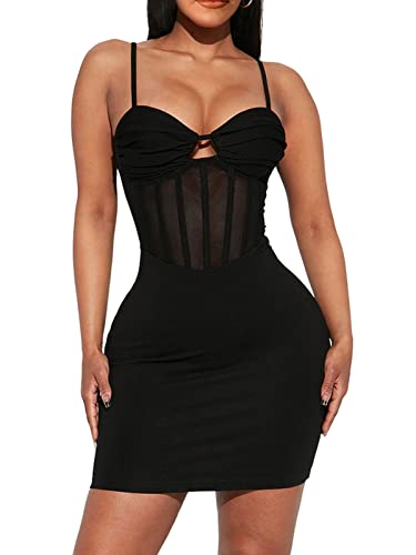 Uni Clau Women Sexy Halter V Neck Mesh Mini Dress Bodycon Spaghetti Straps See Through Patchwork Dress Party Club Night Out Mini Dress Black XL