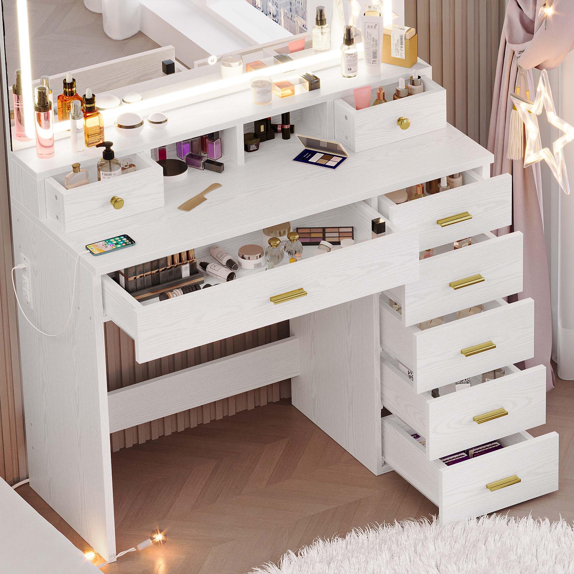 IRONCK Vanity Desk with LED Mirror and Lights and Power Outlet, Modern 8 Drawers Makeup Vanity Table with Storage Stool, for Bedroom, White