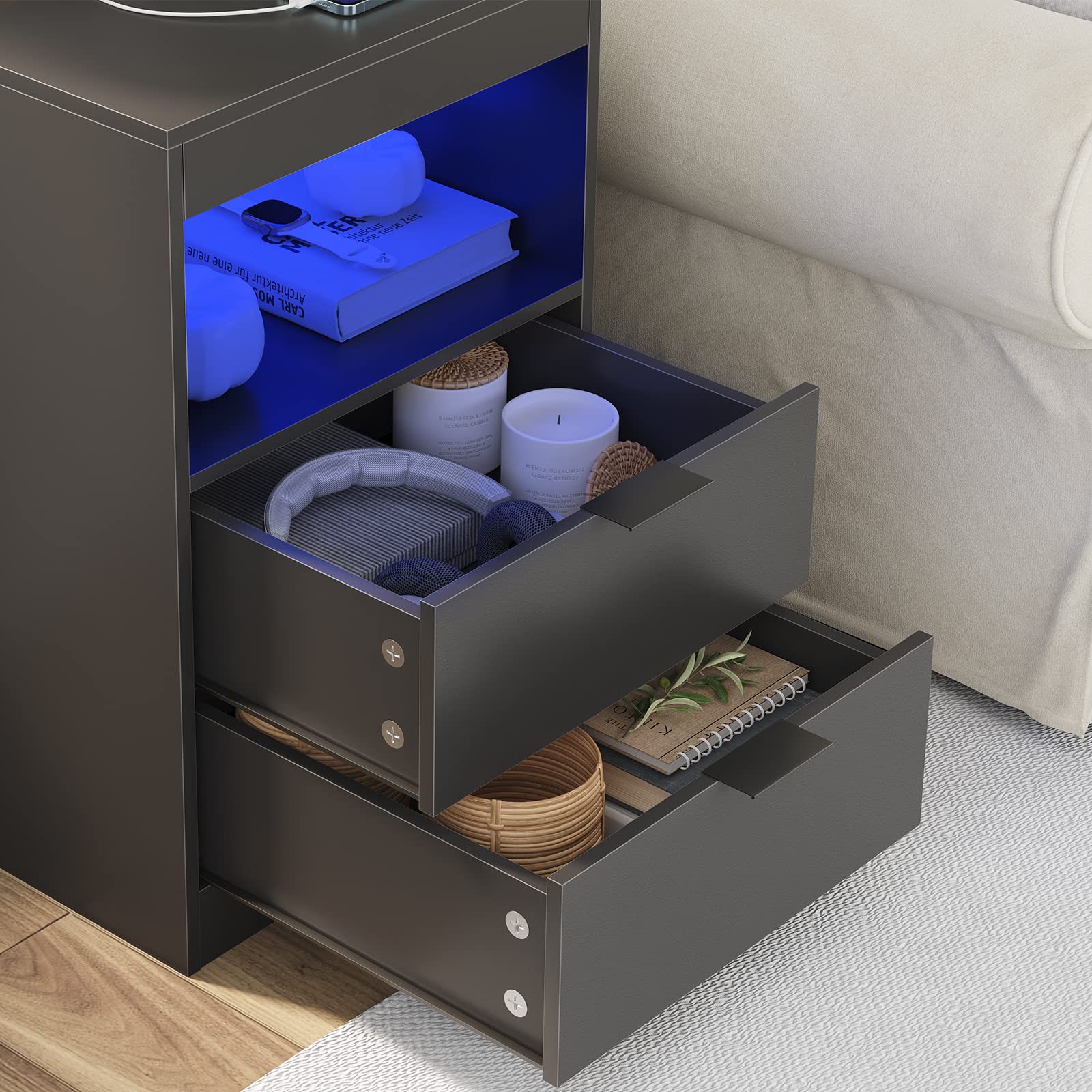 Tiptiper Black Nightstand with Wireless Charging Station and LED Lights, Bedside Table with 2 Drawers, Open Storage, 1 Pull-Out Tray, End Side Table with Charging Station, LED Night Stand with Storage