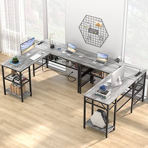 Unikito L Shaped Desk with USB Charging Port and Power Outlet and Office Lateral File Cabinet White Oak