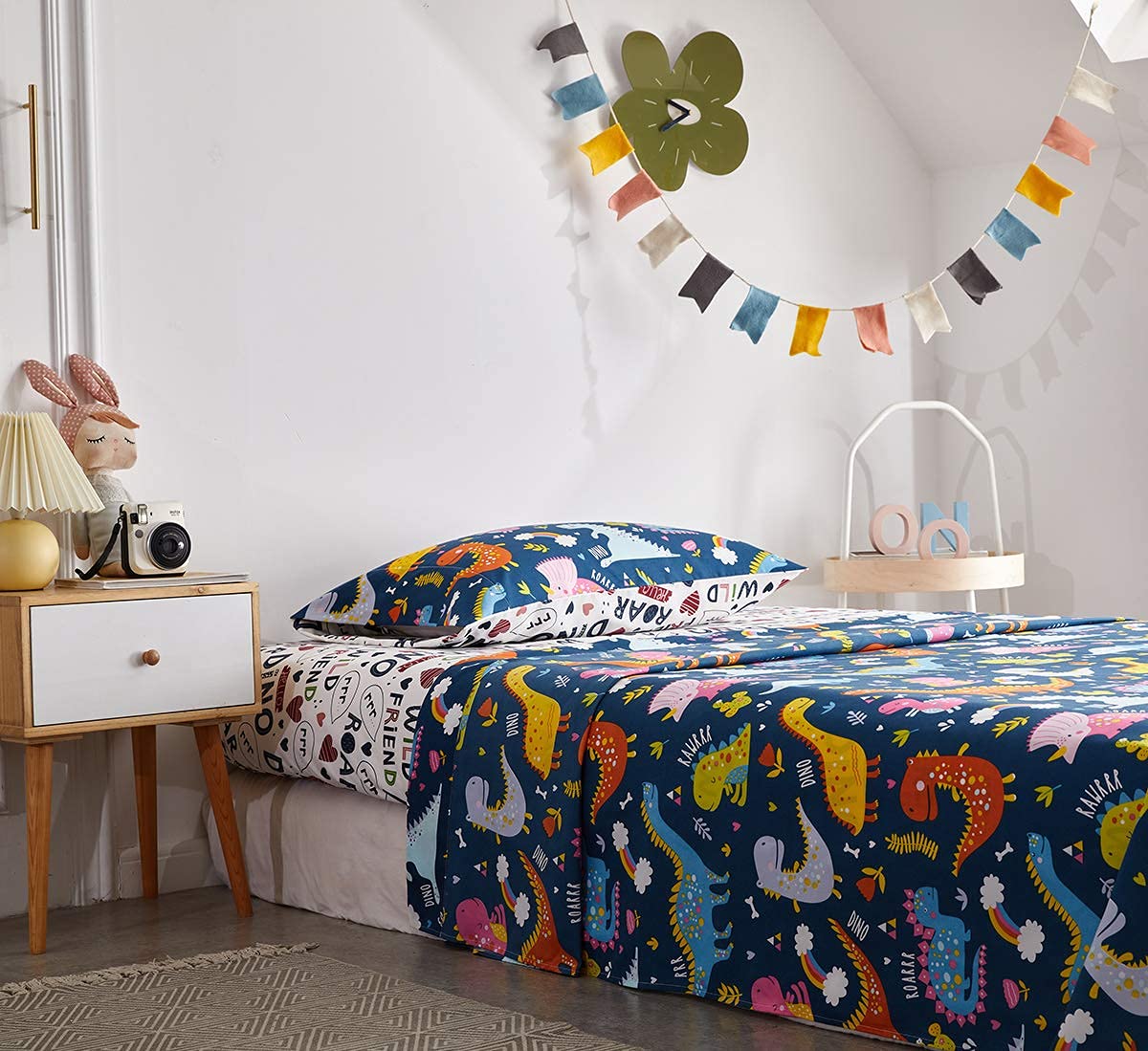 Dinosaur Twin Sheet Set for Kids Boys Teens Cute 3 Pieces Navy Microfiber Bedding Set with Pink Blue Orange Gray Dinosaurs Colorful Monster Style