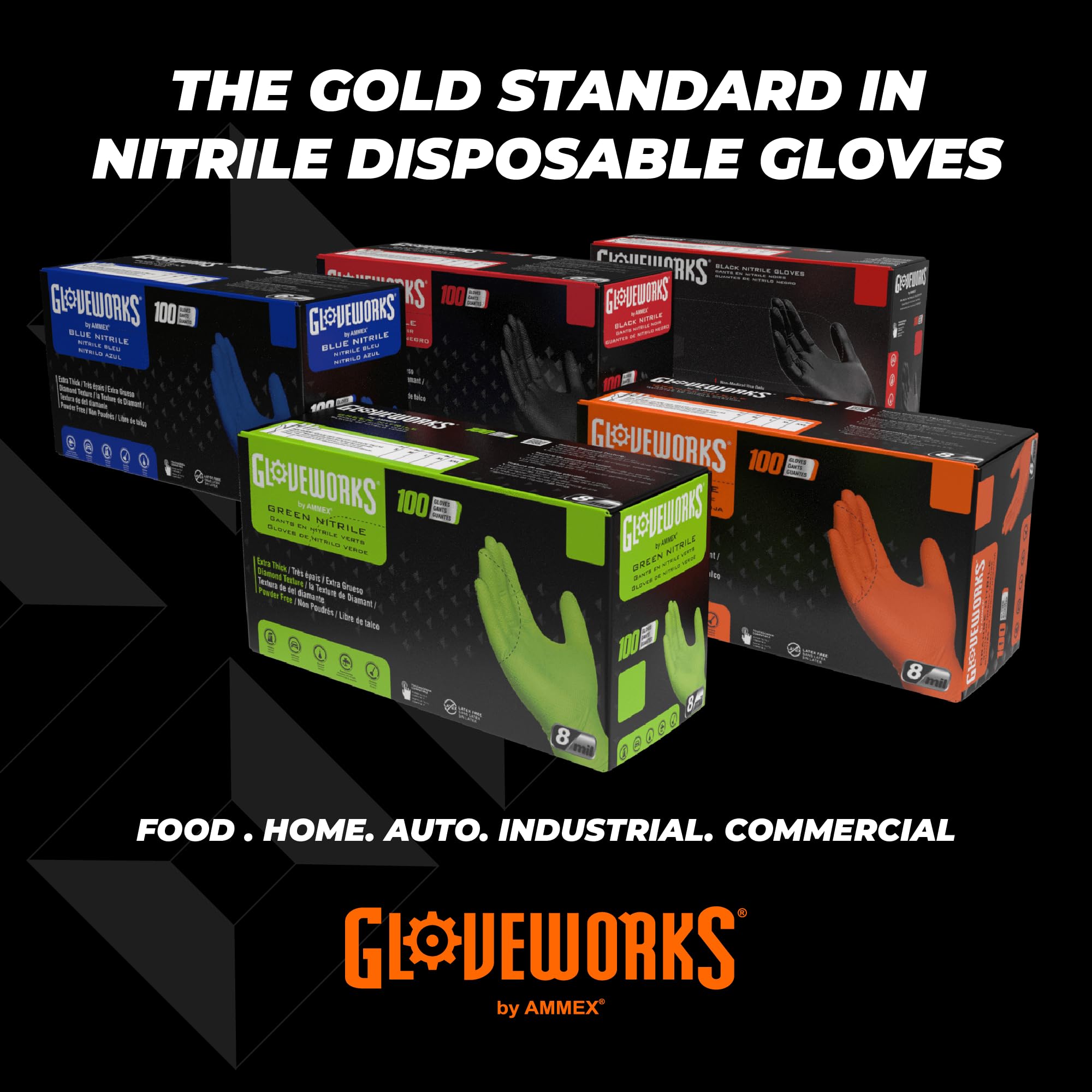 GLOVEWORKS HD Orange Nitrile Industrial Disposable Gloves, 8 Mil, Latex-Free, Raised Diamond Texture, Large, 2 Boxes of 100