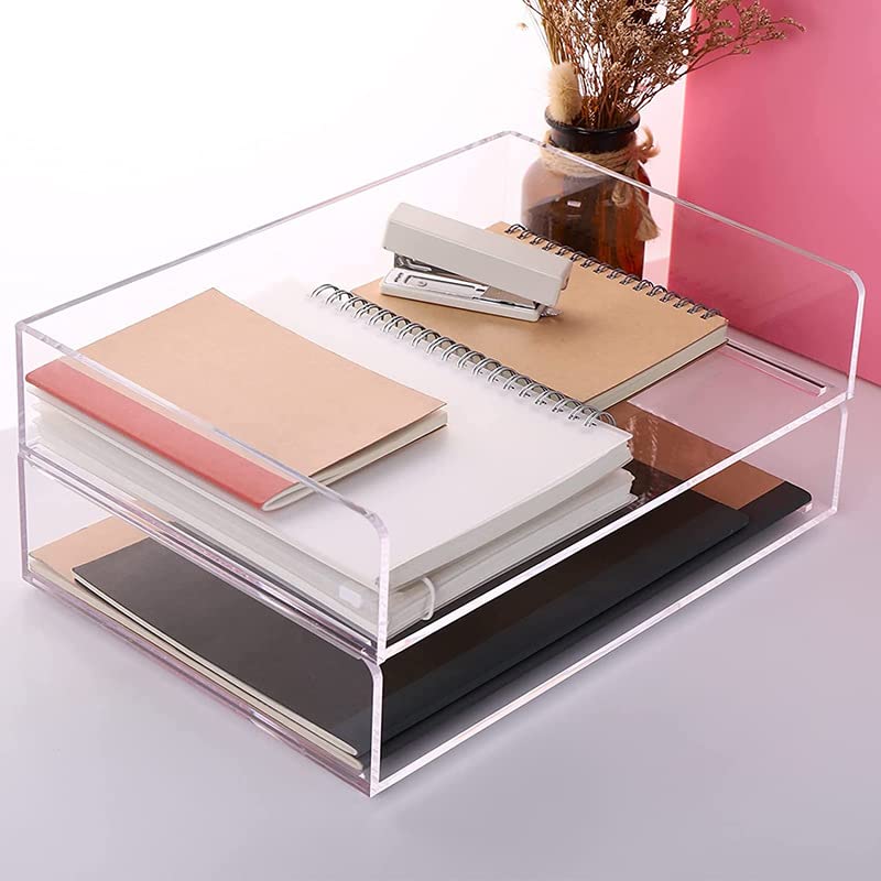 Elsjoy Set of 2 Acrylic File Tray, 2-Tier Stackable Letter Tray Clear Desktop File Organizer Paper Holder for Documents, Books, Magazine, Office, School