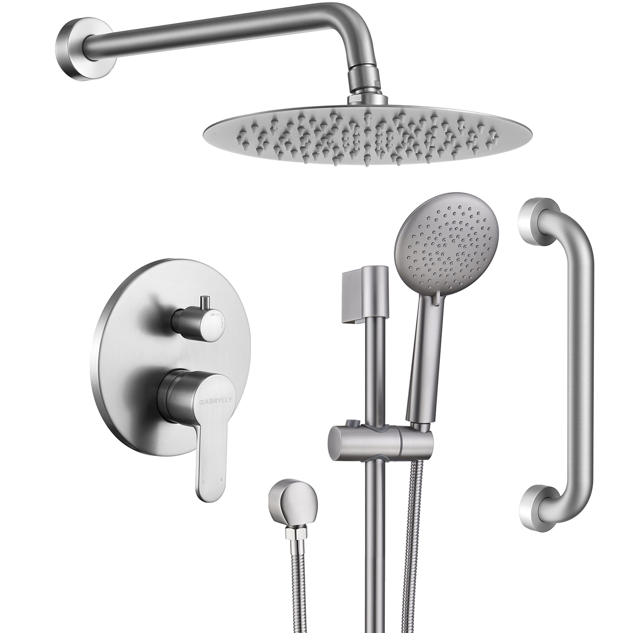 Gabrylly Brushed Nickel Shower System, Wall Mounted Slide Bar Shower Faucet Set Complete,15“ Grab Bar Handle,Brushed Nickel