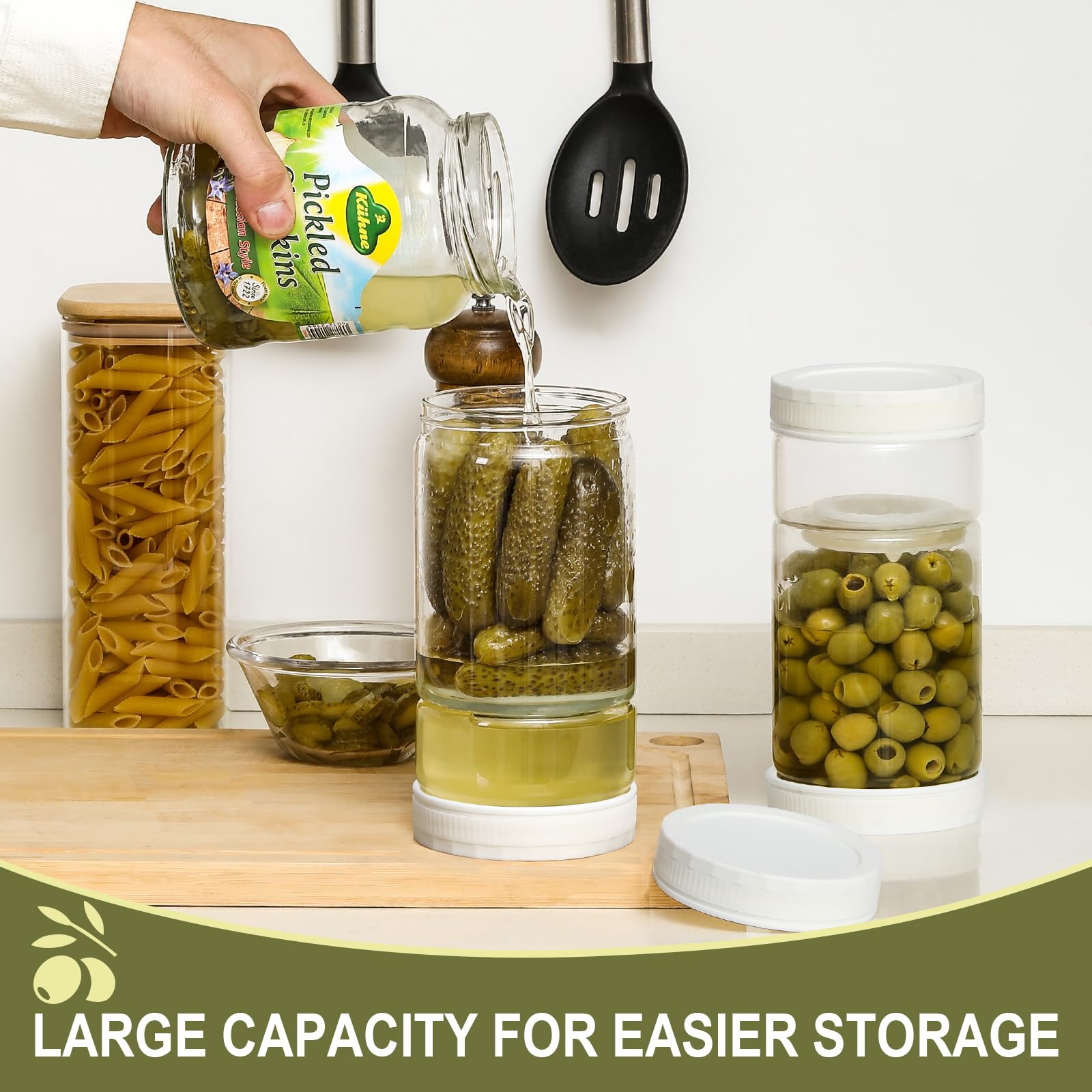 LANDNEOO 1 Pack 36oz Glass Pickle Jar with Strainer Flip, Airtight Olive or Kimchi Hourglass Container, Pickle Flip Holder Separate Food from Pickle Juice,White
