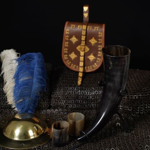 Mythrojan Drinking Horn Authentic Medieval Inspired Viking Wine/Mead Mug 650ml Bundle with Hand Forged Drinking Ale Horn Rack Twisted & Viking Norse Medieval Horn Shot Glass Pair