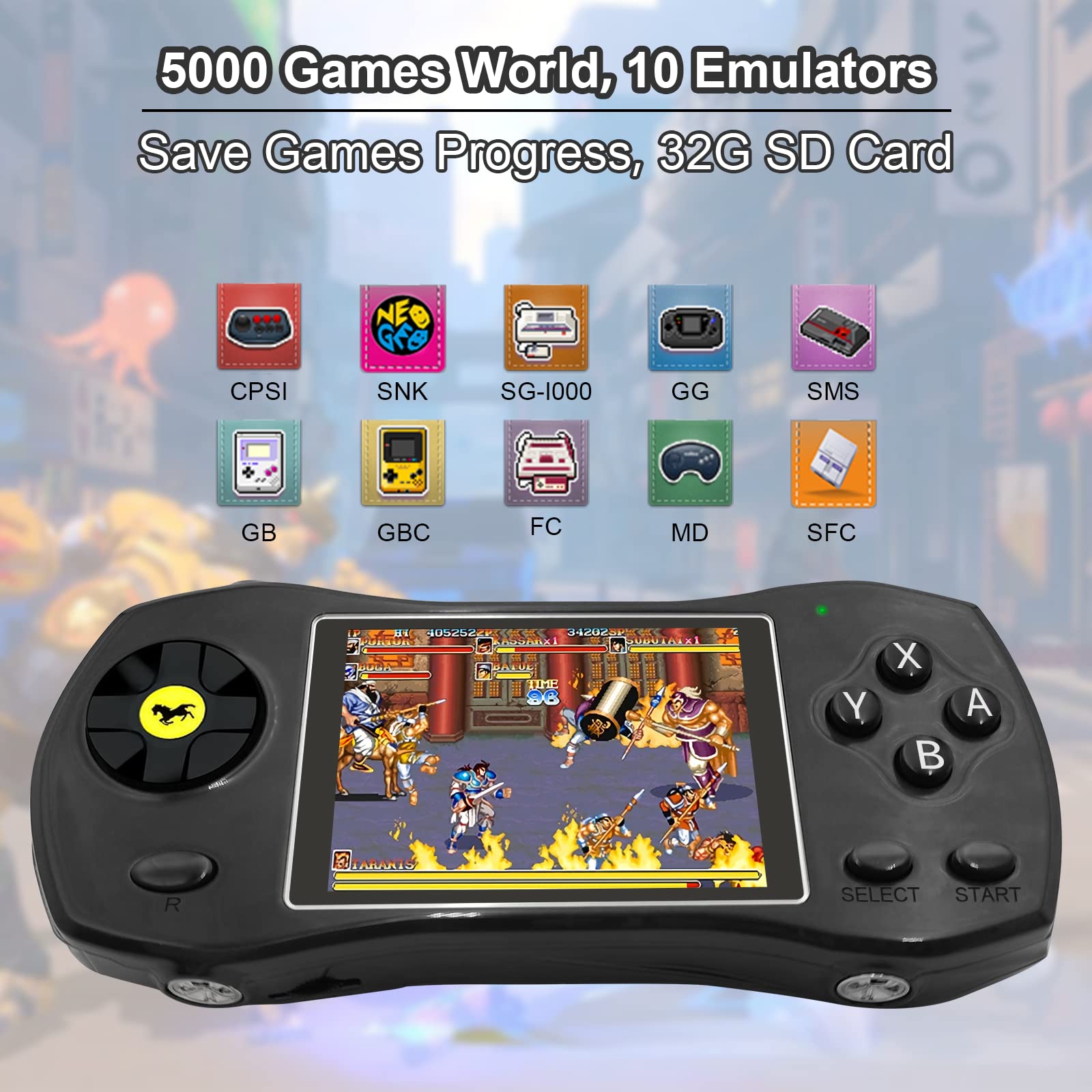 Handheld Game Console Built-in 5000 Retro Games - 3 Inch IPS Portable Video Game Player 10 Emulators Electronic Gaming System Support 2 Players & AV Output, Best Gift for Kids Adults -Black