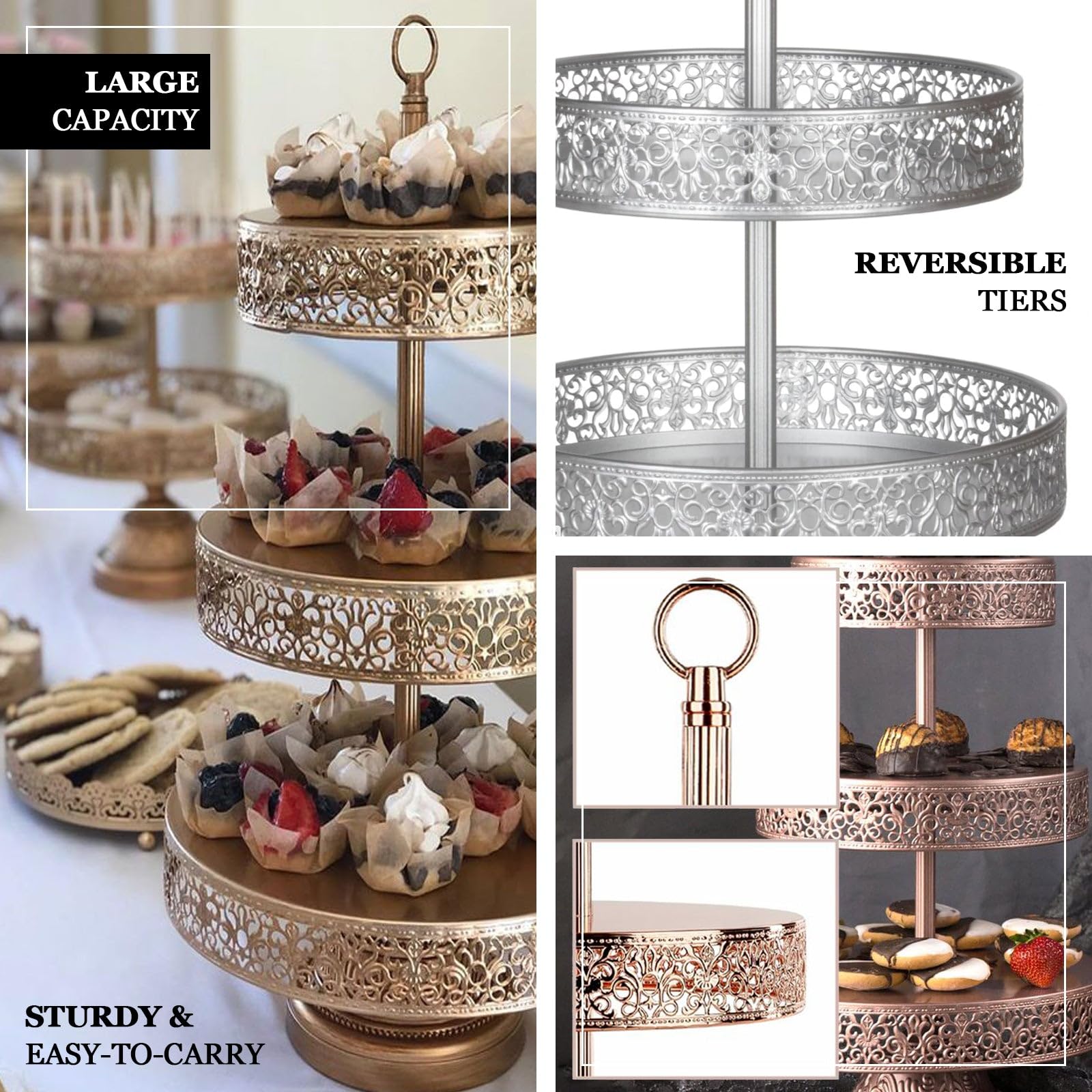 Efavormart 23" Tall Gold 3-Tier Metal Reversible Dessert Cupcake Stand for Wedding Decoration Event