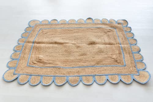 Rangneel Handloom Scalloped Sky Blue Border Jute Rugs, Scallop Boho Decor Handmade Rectangle Jute Rug (2x3 Feet)
