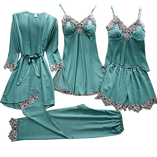 Pjs Nightwear Lace 5Pcs Pajama Womenâs Silky Set Sleepwear Sexy Set Pajama with 4 Piece Lingerie Set for (Green, L),Slips,green