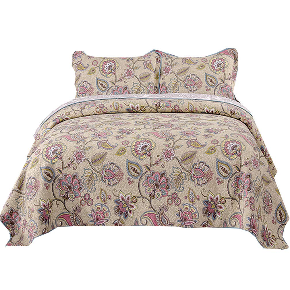 Dodou Queen Size European Gorgeous Floral Pattern Bedspread Quilt Sets-Reversible Patchwork Coverlet Set Patchwork Quilt Bedding Set 3pc