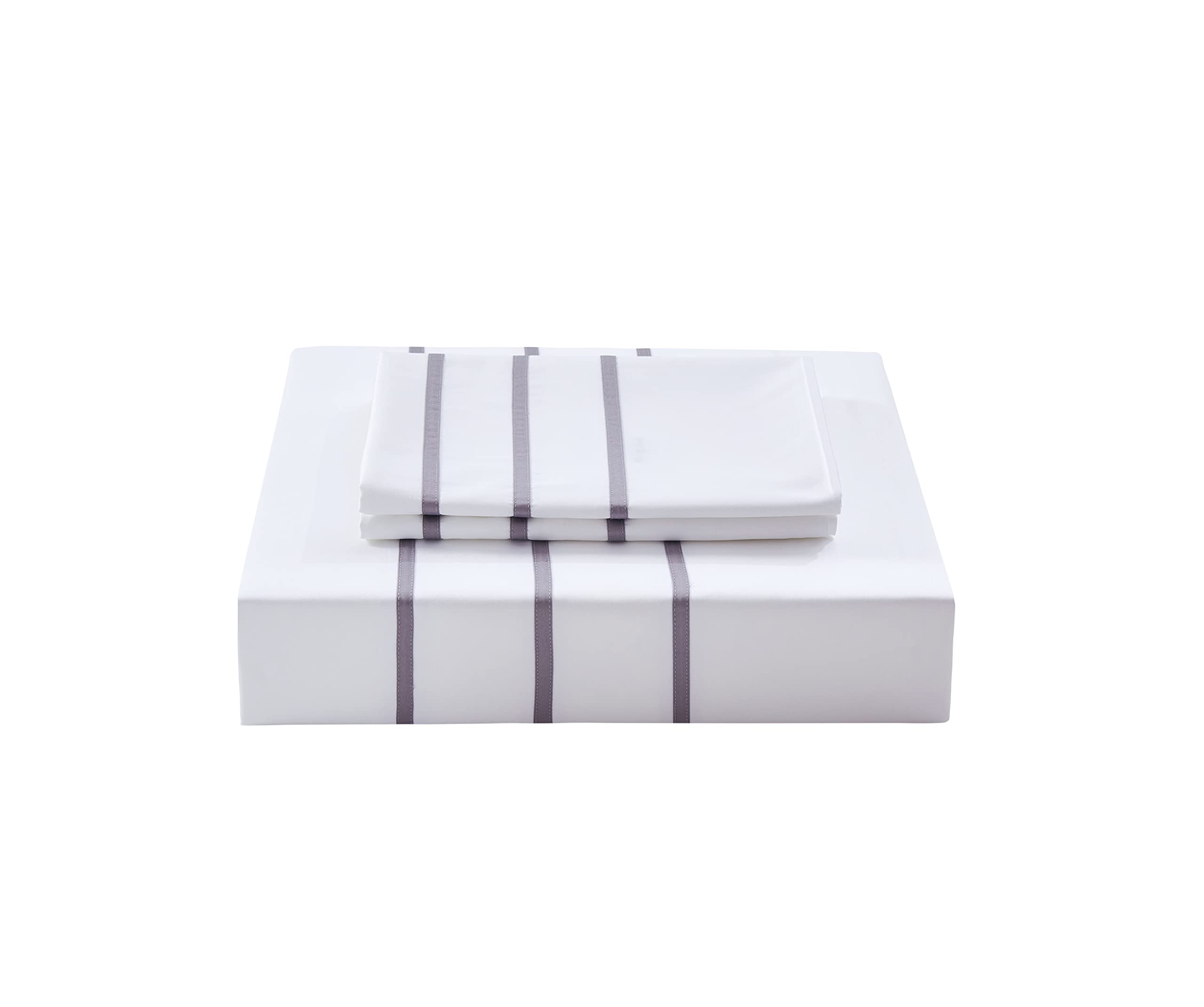 MengBoo Karen 3 Pieces White Duvet Cover Set Without Filling Grey Stripe Trim 100% Egyptian Cotton 300 Thread Count Soft Sateen Hotel Collection Zipper Closure Corner Ties (White Grey, Queen)…