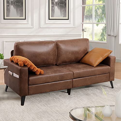 YODOLLA Leather Sofa Couch, Faux Leather Couch 79" Wide, Mid Century Modern Couches for Living Room, Brown Leather Sofa Couch, Saddle Brown