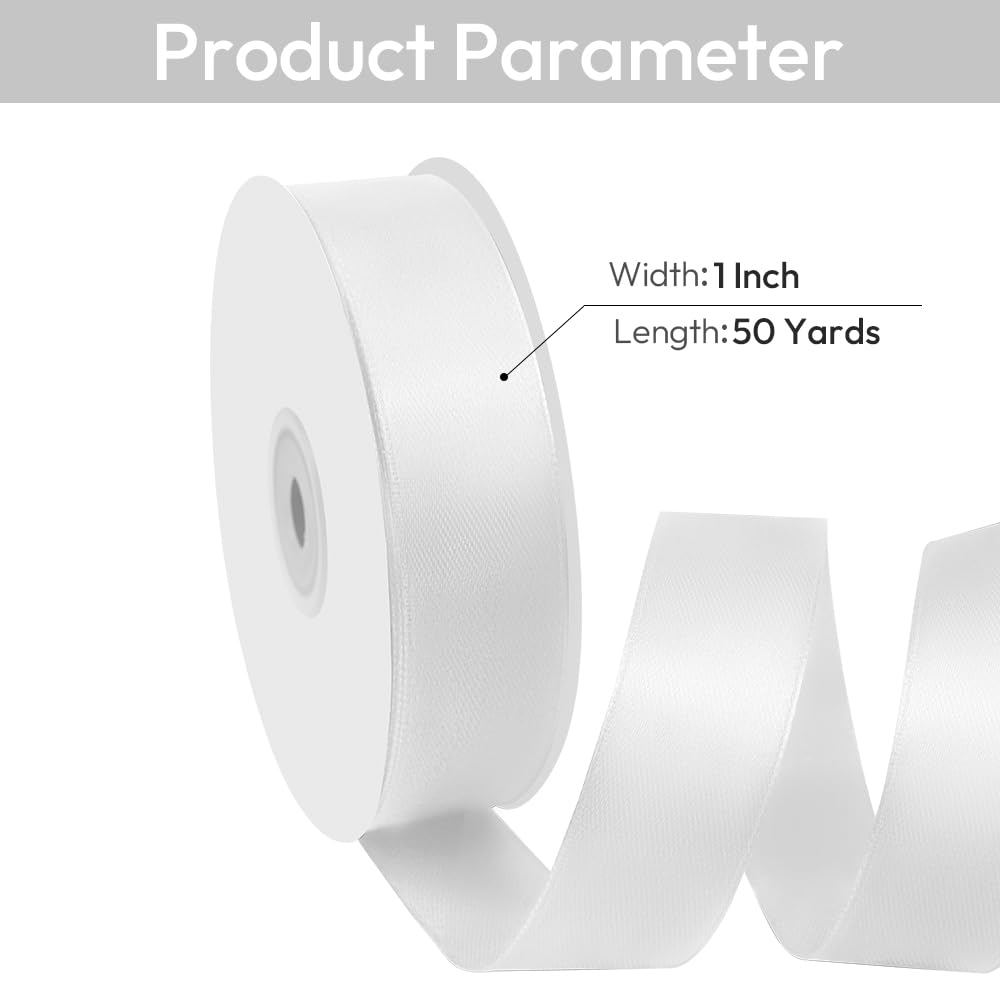 Isaspire 1" Width x 50 Yards Satin Fabric Ribbon, White Ribbon Perfect for DIY Bows, Swags, Gift Wrapping, Craft, Flower Bouquet,Christmas and Party Decoration