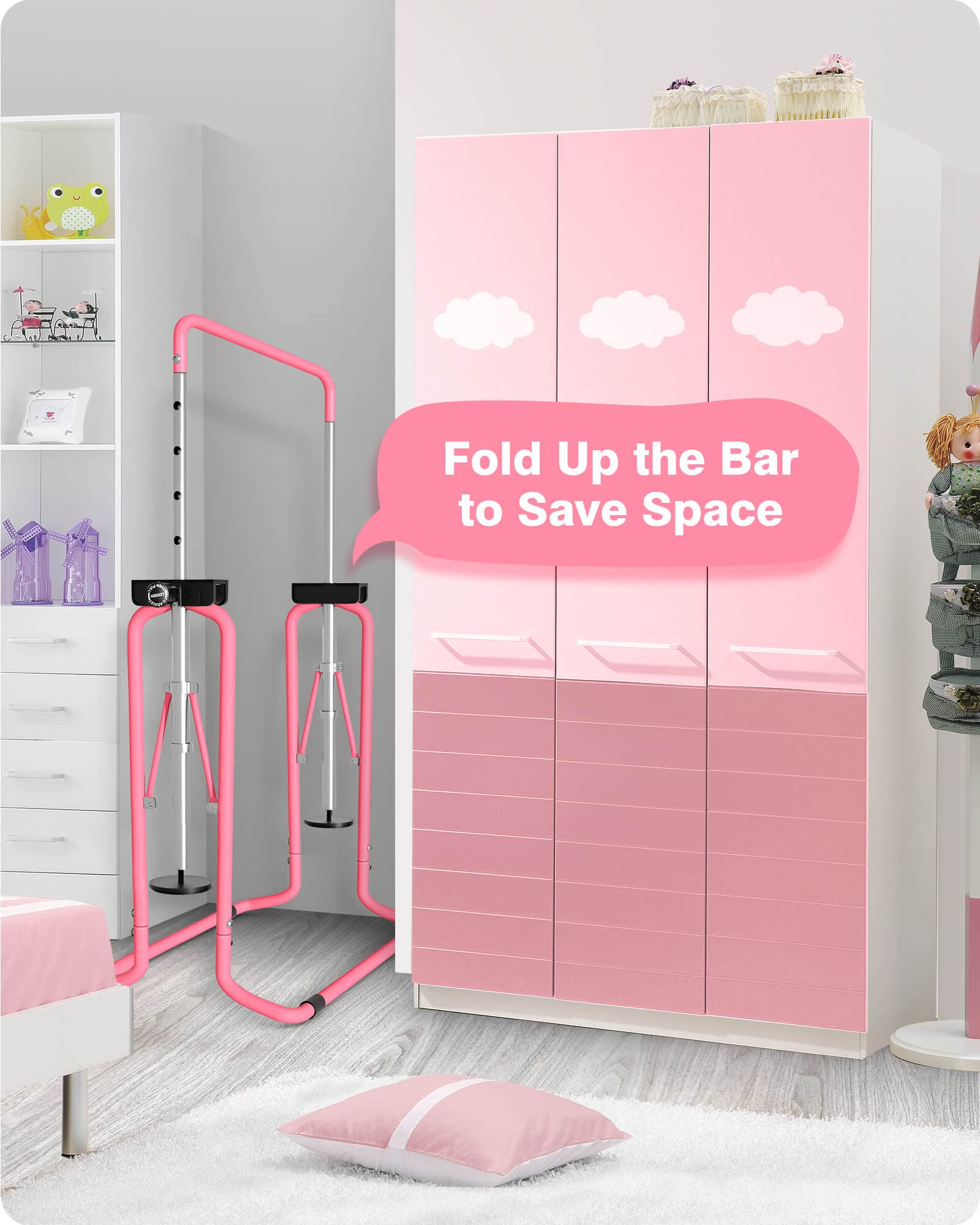 GVOLO Gymnastics Bars Kids Expandable Training Bar Adjustable Height Folding Horizontal Bars Equipment Junior Training Gymnastics Bars for Home, Pink