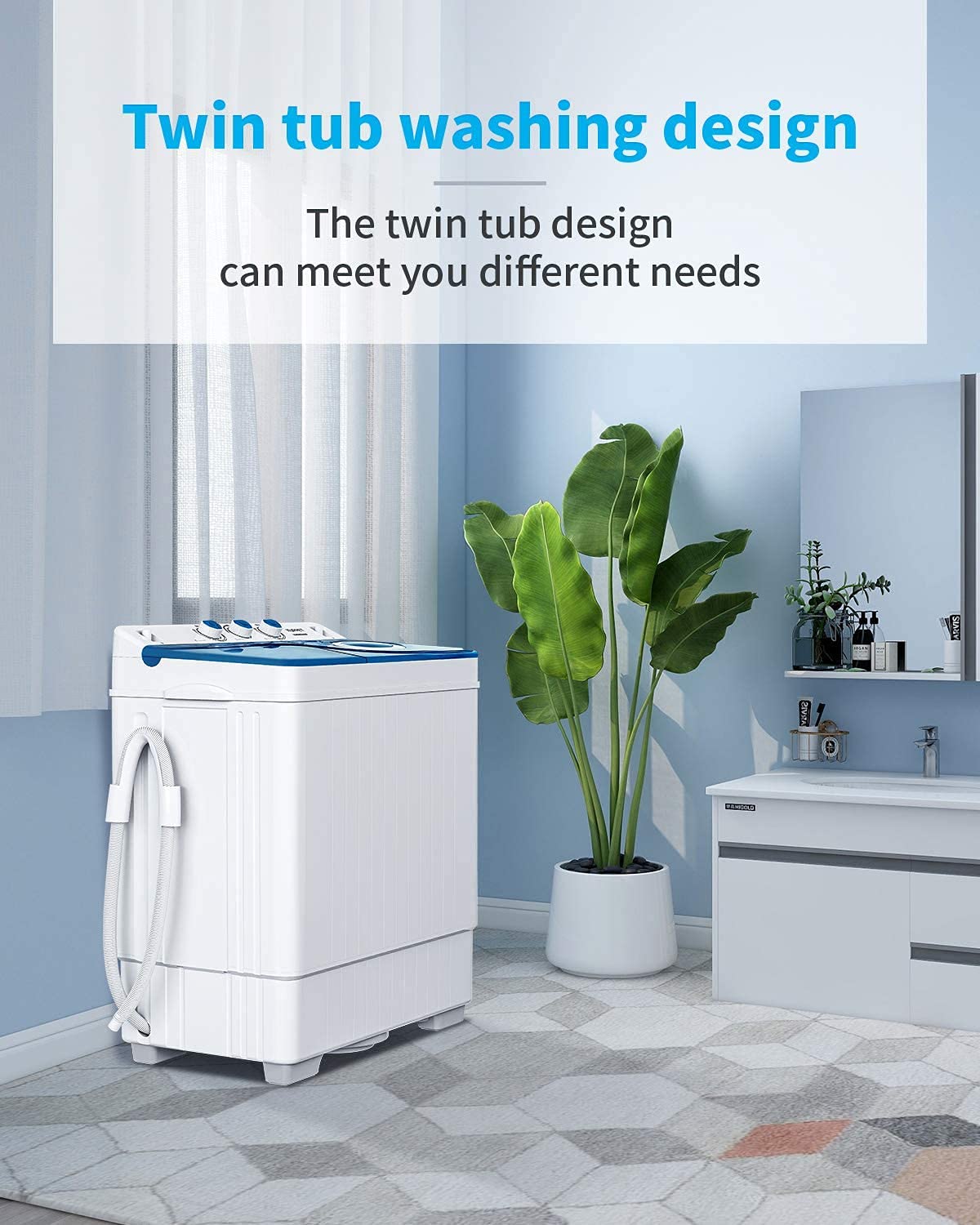 Twin Tub Portable Mini Washing Machine 26lbs Capacity, Compact Washer(18lbs)&Spiner(8lbs)/Built-in Drain Pump/Semi-Automatic (White&Blue)