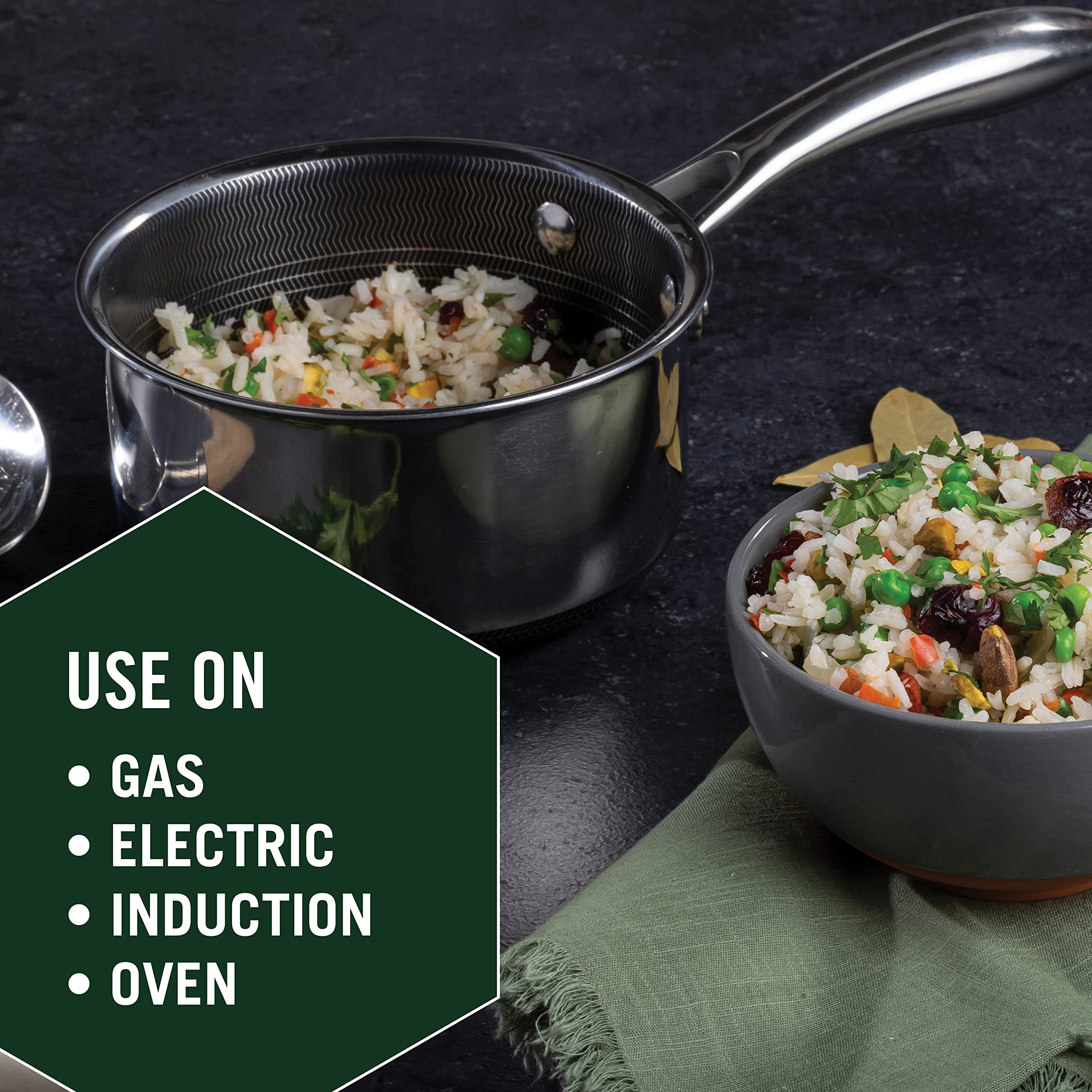 HexClad Hybrid Nonstick 3-Quart Saucepan with Tempered Glass Lid, Stay-Cool Handle, Dishwasher Safe, Induction Ready, Compatible with All Cooktops