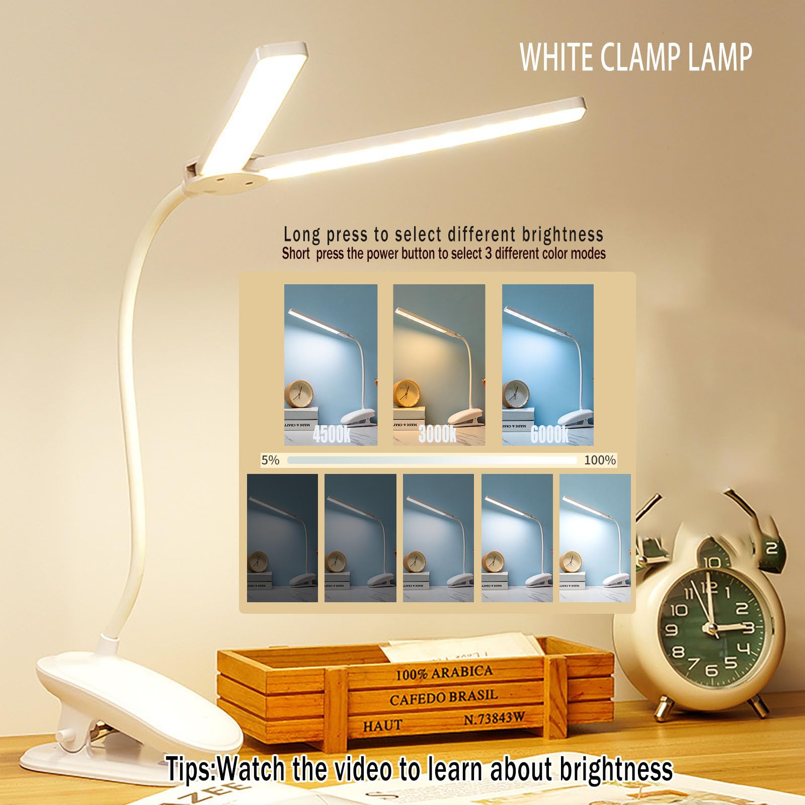 GcSige Dual Head LED Desk Lamp with Clamp, Eye-Caring Clip on Lights for Home Office, 3500mAh Rechargeable Battery Operated Table Lamps,3 Lighting Modes & Brightness Dimmer Light for Kids Students