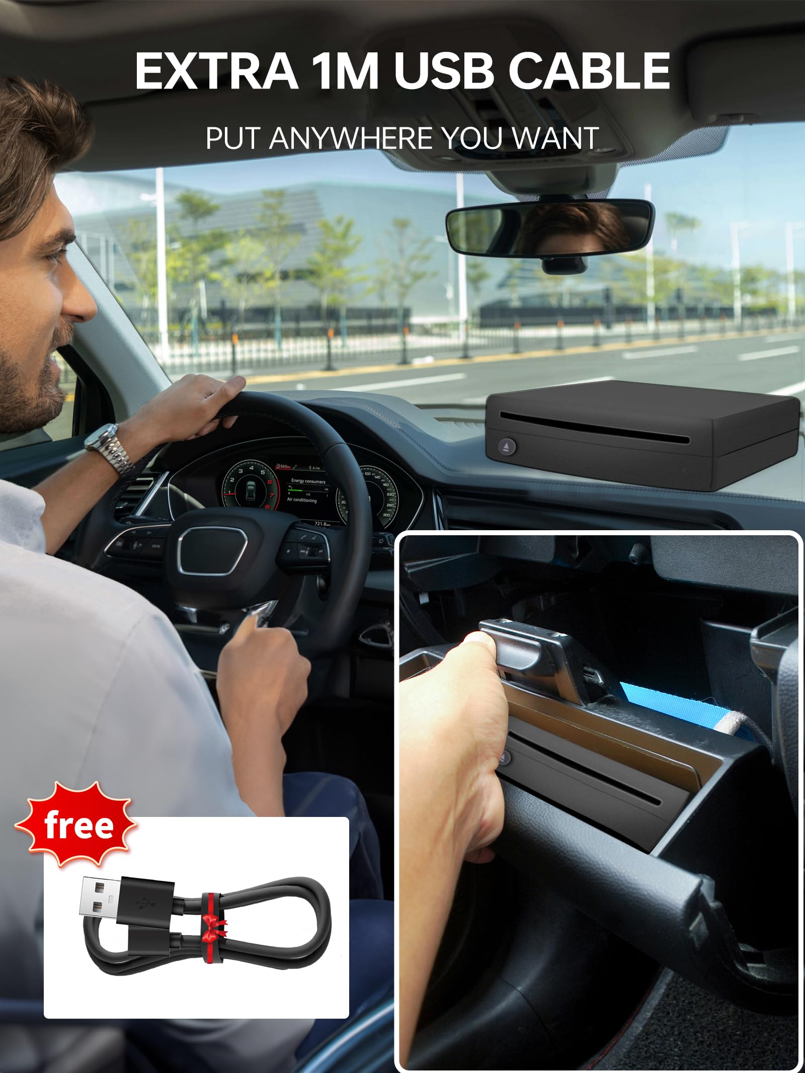 External USB CD Player for Car, Homlab Portable Plugs in CD Player with Extra USB Cable, for Car Without CD Player, Laptop, TV, Mac, Computer, for Android 4.4 and Above Navigation, Black