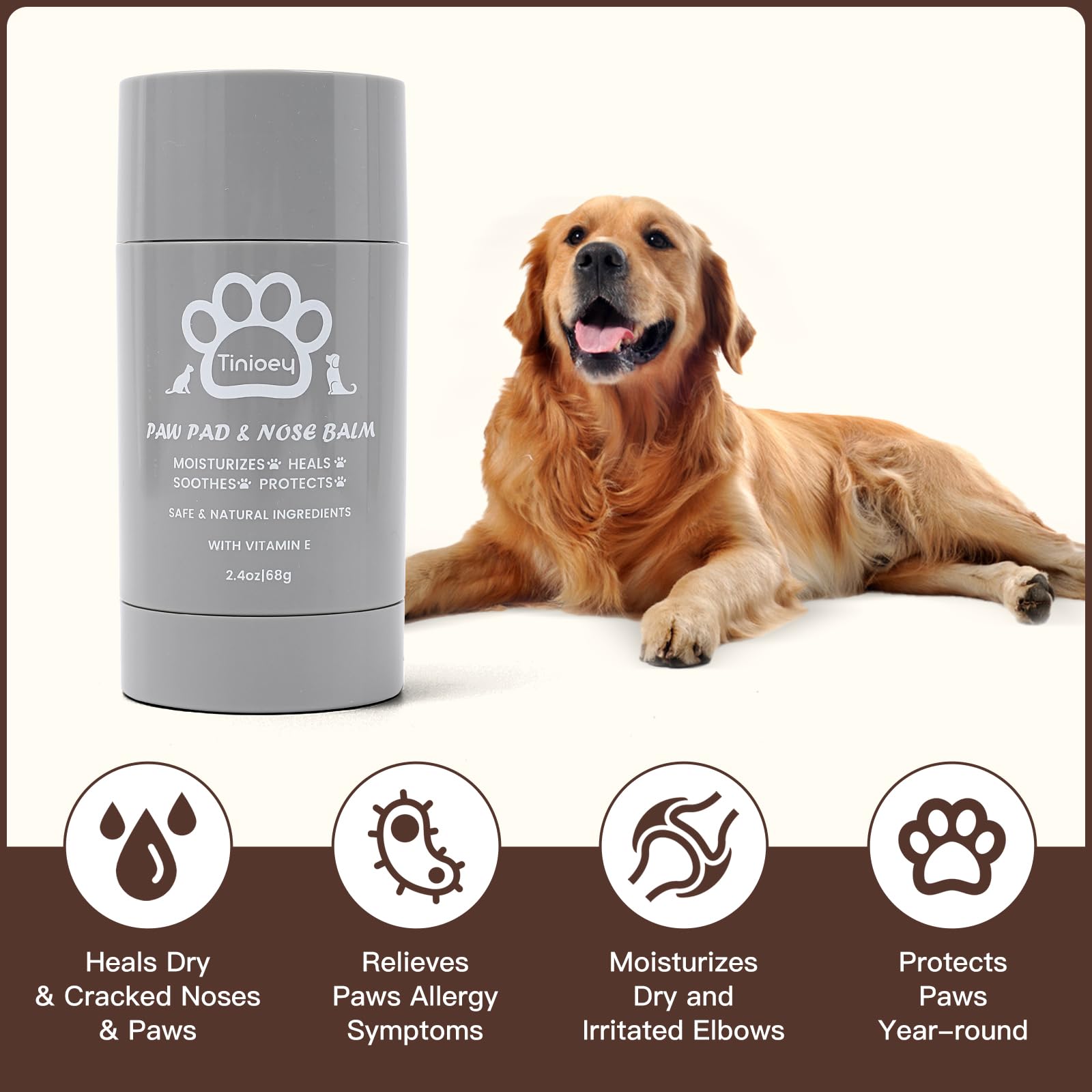 Tinioey Cat Dog Paw Pad Balm Stick (2.4 oz) | Natural Lick Safe Dog Paw Blam Protector, Soother & Moisturizer for Cracked Dry & Damaged Paws, Nose & Elbows | Snout Soother for Dogs