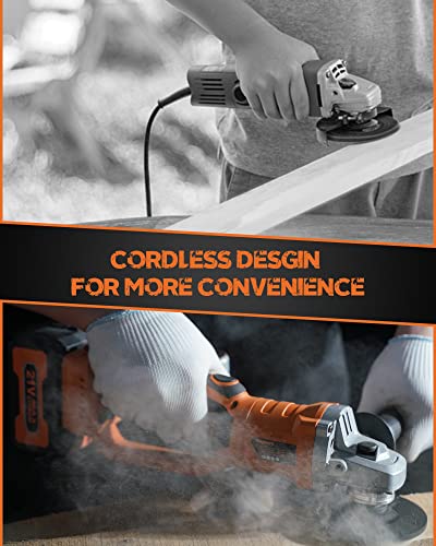 Heywork 21V Cordless Grinder Kit,4" Blade,10000 RPM Brushless Motor Cordless Angle Grinder,4Ah Lithium Ion Battery Grinder & Quick- Charger,2-Position Handle,Cutting and Grinding Wheels