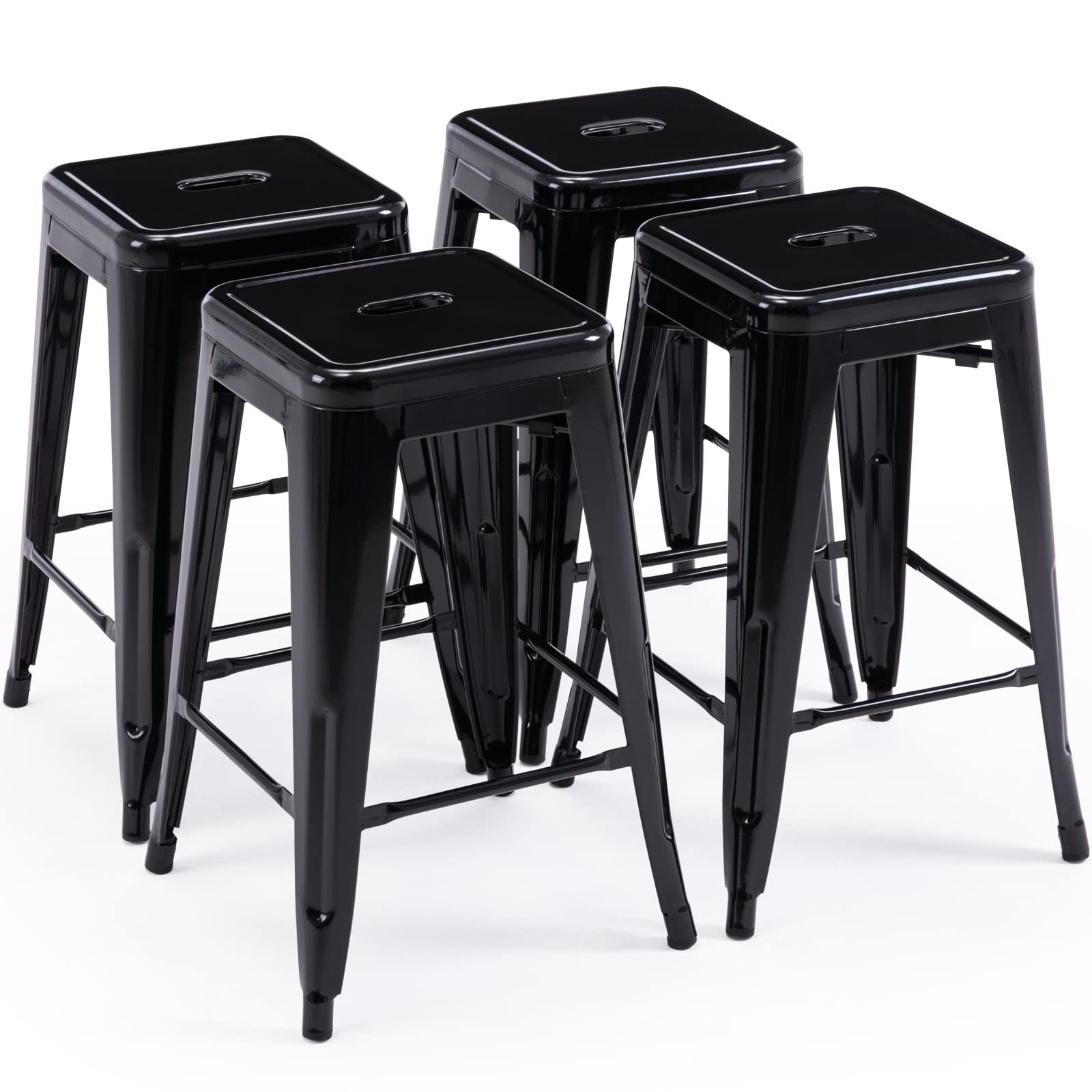 Vogue Furniture Direct 24 Inch Metal Bar Stools, Backless Counter Height Barstools, Indoor Outdoor Stackable Stools with Square Seat, Set of 4 (Black)