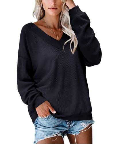OUGES Womens Tie Back Knit Tops V Neck Long Sleeve Casual Sweater Pullover(Navy,M)