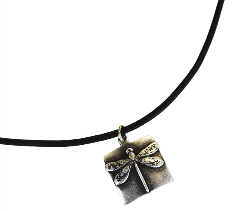 Elaine Coyne Collectible Artwear Antique Silver Brass Classic Dragonfly Pendant on Black Rawhide
