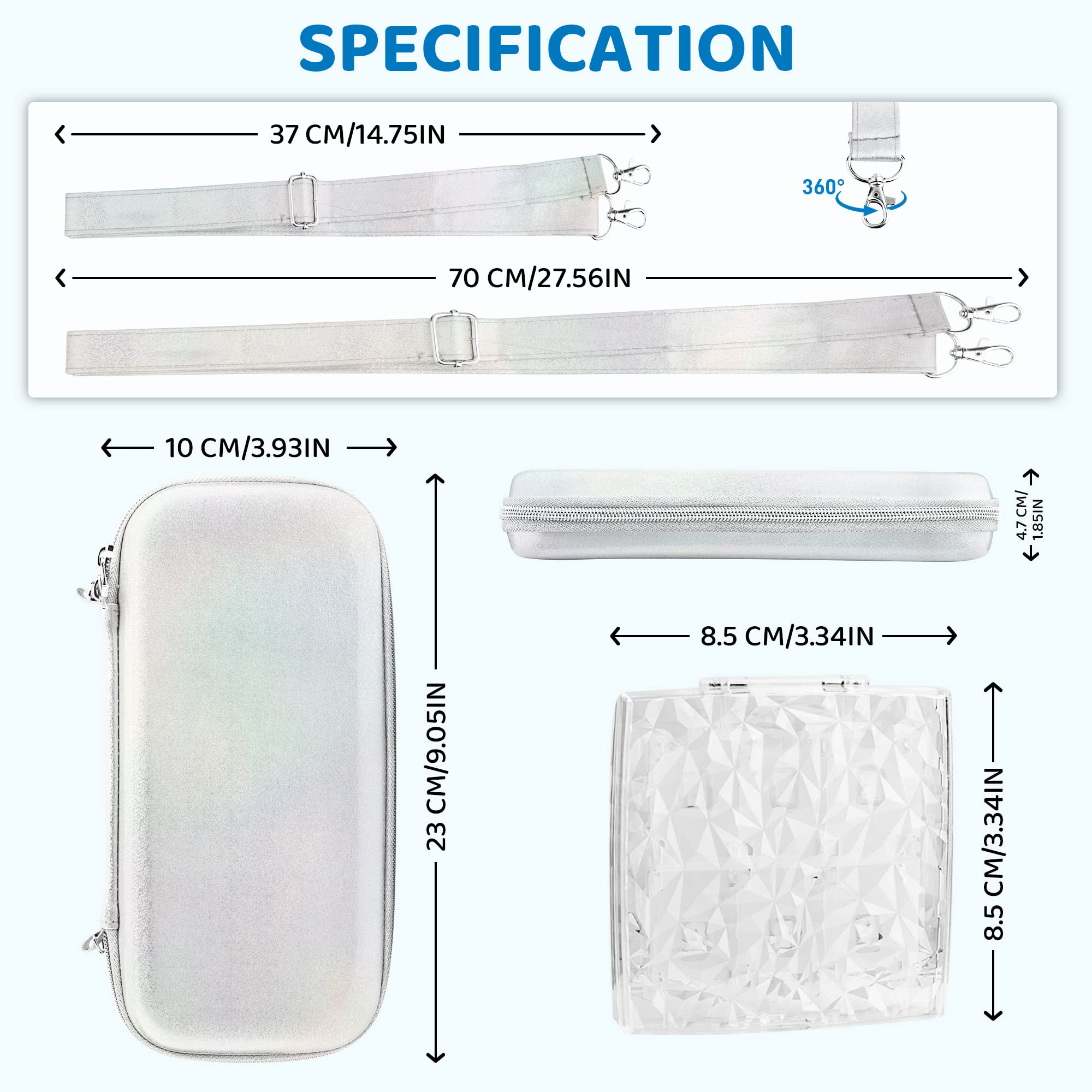 GLDRAM Glitter Carrying Case Bundle for Nintendo Switch & OLED, Accessories Kit with Protable Silver Switch Travel Case, Shoulder Strap, Clear Diamond Game Card Case Holder and Thumb Grip Caps