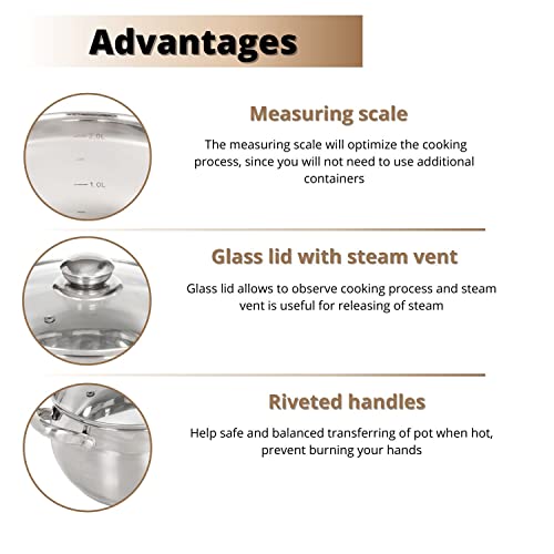 Daniks Classic Stainless Steel Stock Pot with Glass Lid | Induction 4 Quart | Dishwasher Safe Pot | Measuring Scale | Soup Pasta Stew Pot | Silver