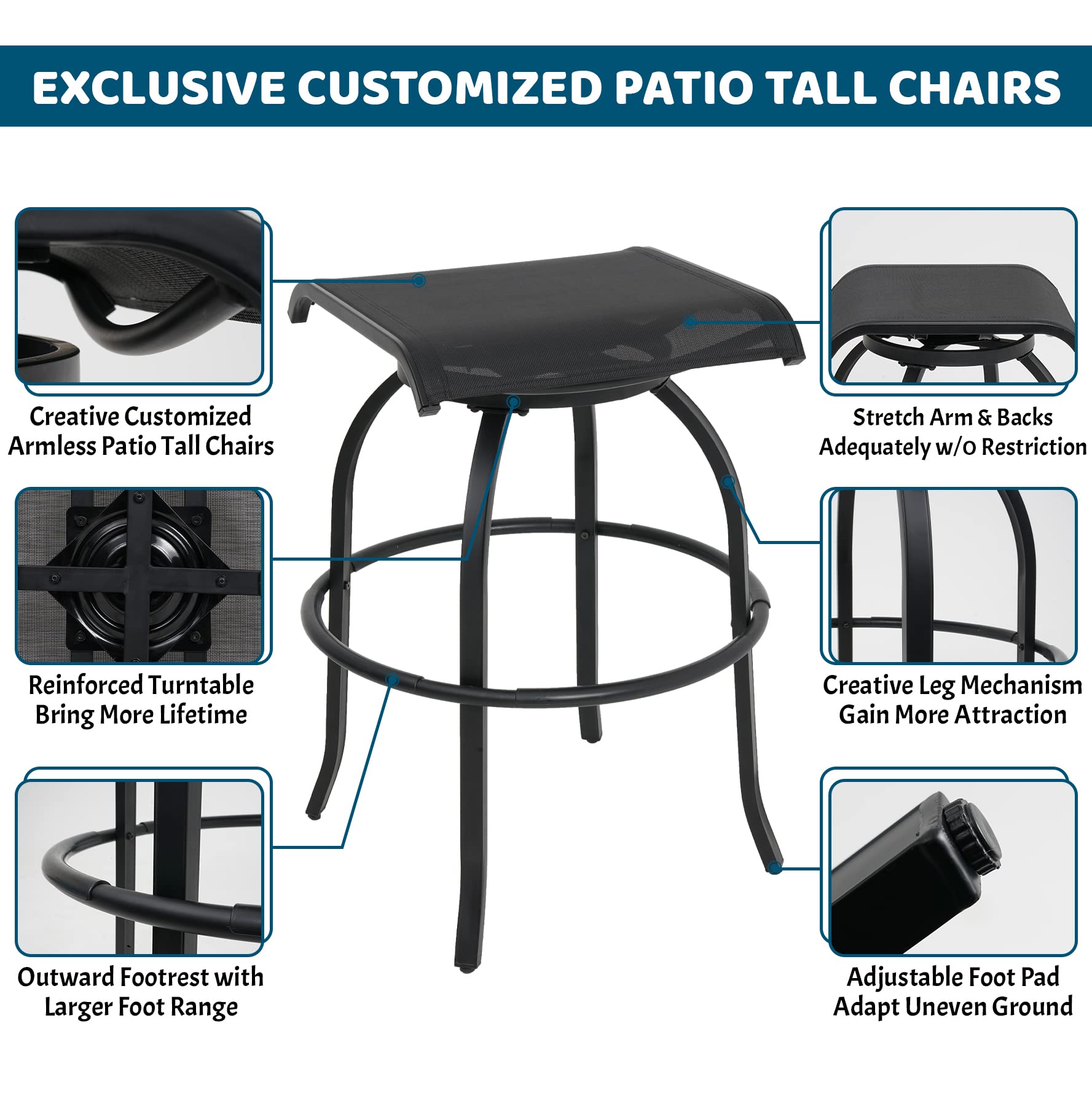 Outdoor Backless Swivel Bar Stools Set of 2, Patio Stools & Bar Chairs, Outside High Top Barstools, Breathable Textilene Fabric for Yard, Deck Porch, Balcony - Armless - Pure Black