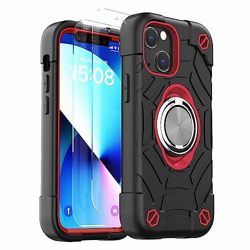 KCJ for iPhone 13 Mini case/iPhone 12 Mini case 5.4 Inch with Ring Holder, with 2 Pack Screen Protector + 1 Pack Camera Lens Protector,Heavy-Duty Military Grade Protector Cover. (Black+Red)