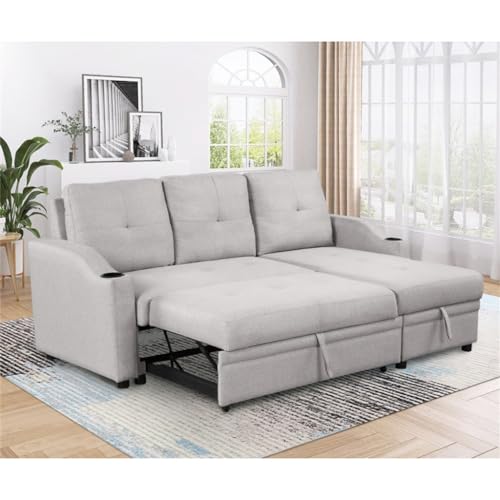DOUBAO Pull Out Sofa Bed Padded Upholstered Sofa Bed, Linen Fabric 3 Seater Couch with Storage Chaise and Cup Holder