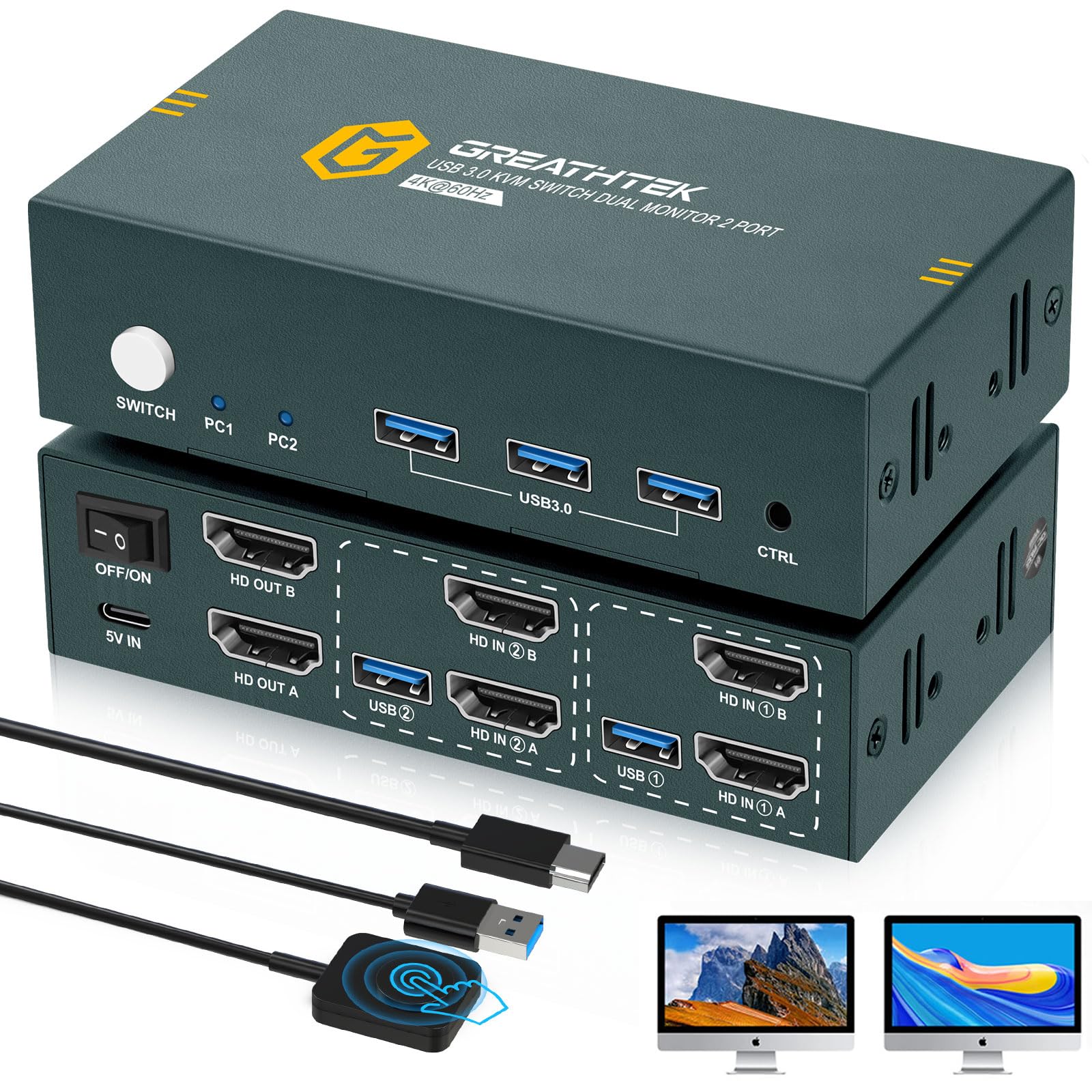 HDMI KVM Switch 4 Port 4K@30Hz with 3 USB 1.1 Ports Support Wired Keypad & Button Switch, KVM for 4 Computers Share 1 Monitor Plug and Play, with 4 HDMI USB Combo Cables and USB Cables