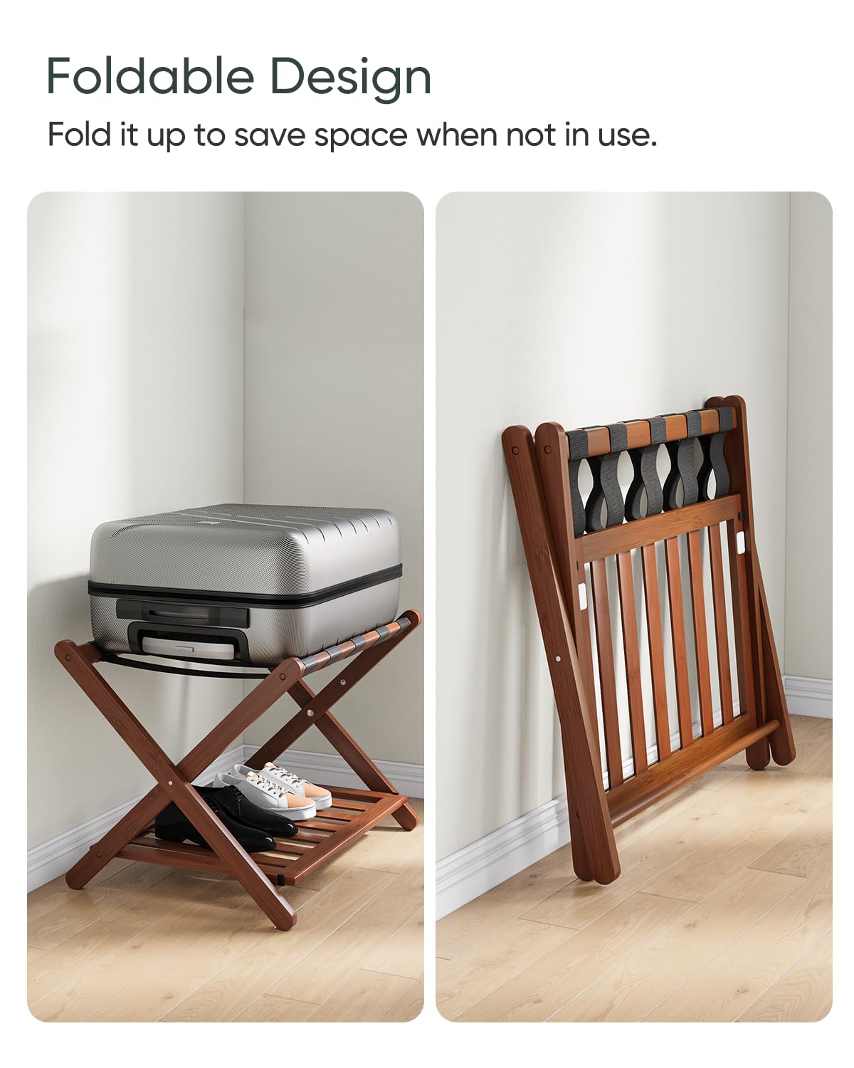 Smart FENDEE Fully Assembled Walnut Luggage Rack with Storage Shelf, Folding Suitcase Stand with 5 Heavy-Duty Straps, Large Wooden Luggage Holders for Guest Room Must Haves, Ideal for Bedroom, Hotel