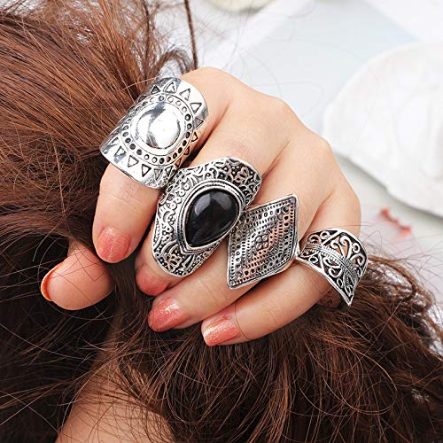 HonpraD engagement rings for women sterling silver Sisters Vintage Bohemian Women Stack Rings 4pcs/Set Silver Chunky Rings