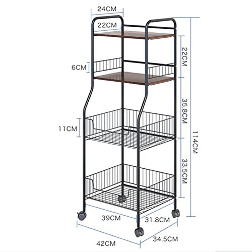 POCHY Multipurpose Kitchen Storage Wagon Rolling Grocery Cart with Metal Mesh Drawers,Wooden Countertop Pulley Storage Trolley Home Office Shelves Black
