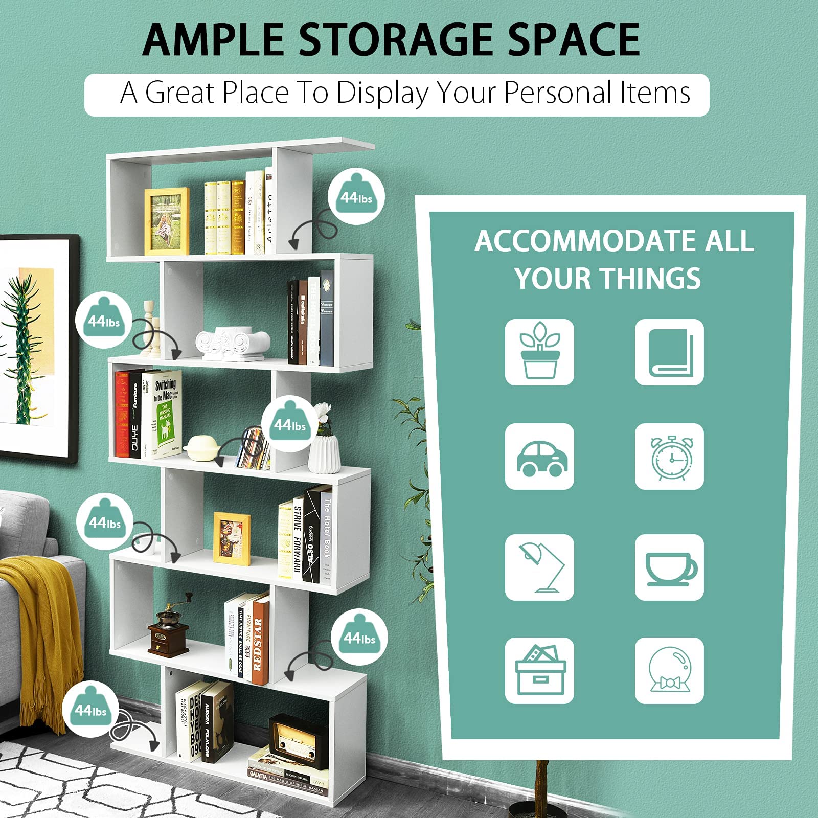 IFANNY 6 Tier S Shaped Bookshelf, Wooden Open Bookcase w/Anti-Tipping Device, Display Shelf Storage Organizer for Home, Office, Living Room, 31.5 x 9 x 75 inch