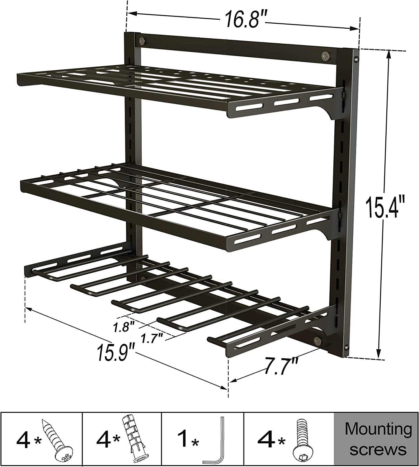 junyuan Power Tool Organizer, Adjustable Wall Mounted Storage Rack for Drills and Screwdrivers, 3 Layer Black Steel