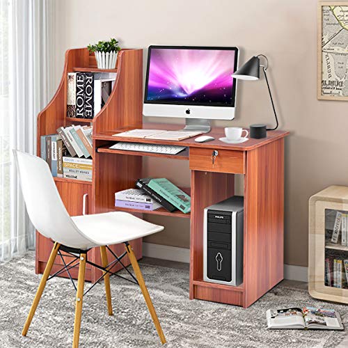 IFANNY Computer Desk with Storage, Wooden Writing Desk with Drawer, Cabinet, Bookshelf, Modern Work Table w/Keyboard Tray and CPU Stand, Corner Office Desk for Small Spaces
