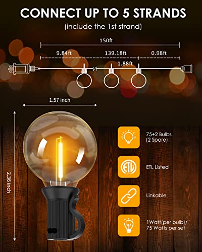 Outdoor String Lights, 150Ft G40 Globe LED Outdoor Lights for Patio with 52 Shatterproof Bulbs(2 Spare), String Lights for Outside, Cafe, Porch, Backyard, Market